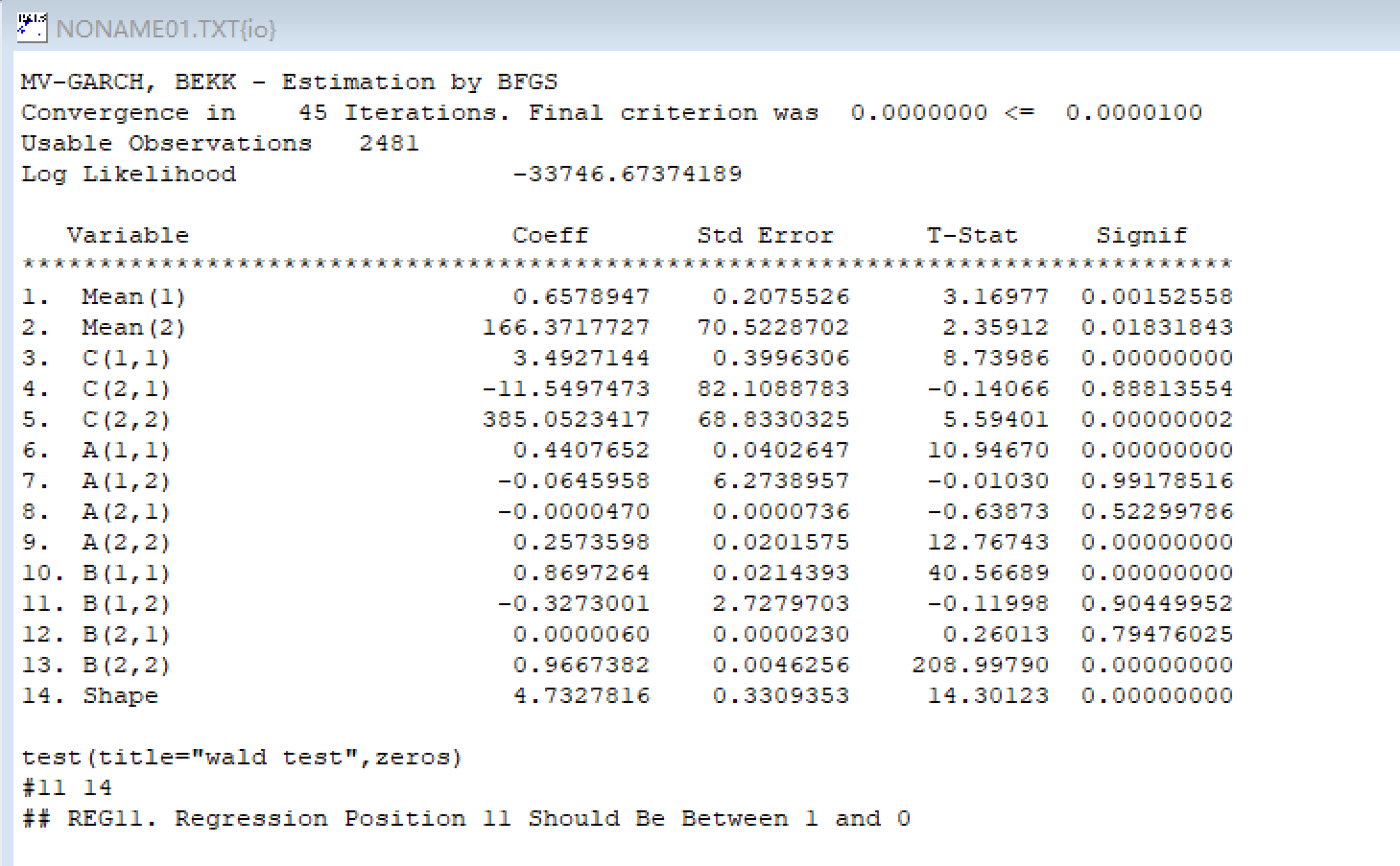 winrats怎么做wald检验?bekk模型输出结果后，我写了代码做wald，但为啥这样显示呢 - 经管之家