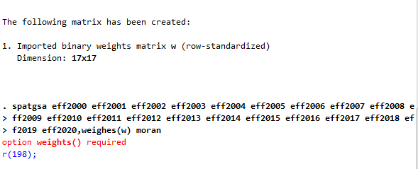 用stata计算全局莫兰指数出现option weights() required r(198) - 经管之家