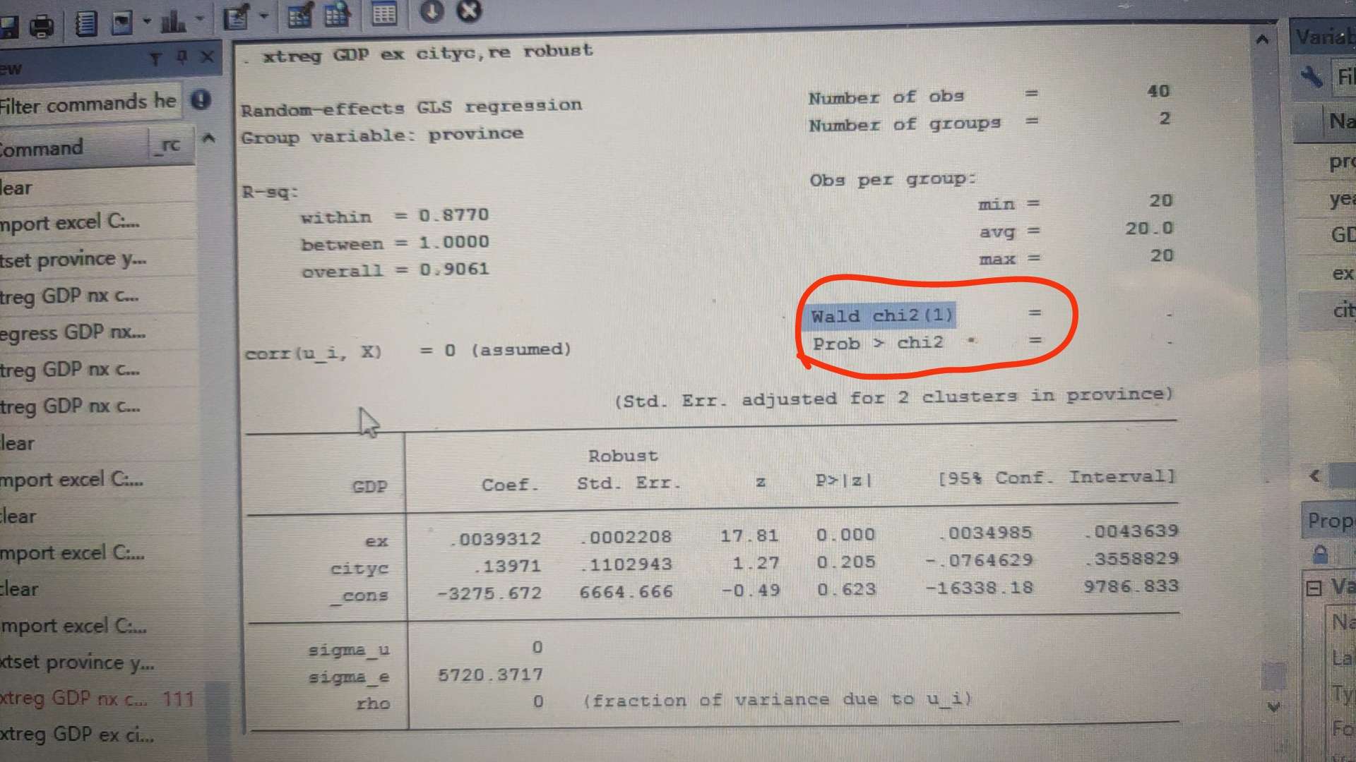 xtreg，re robust里面有一个wald chi2( - Stata专版 - 经管之家